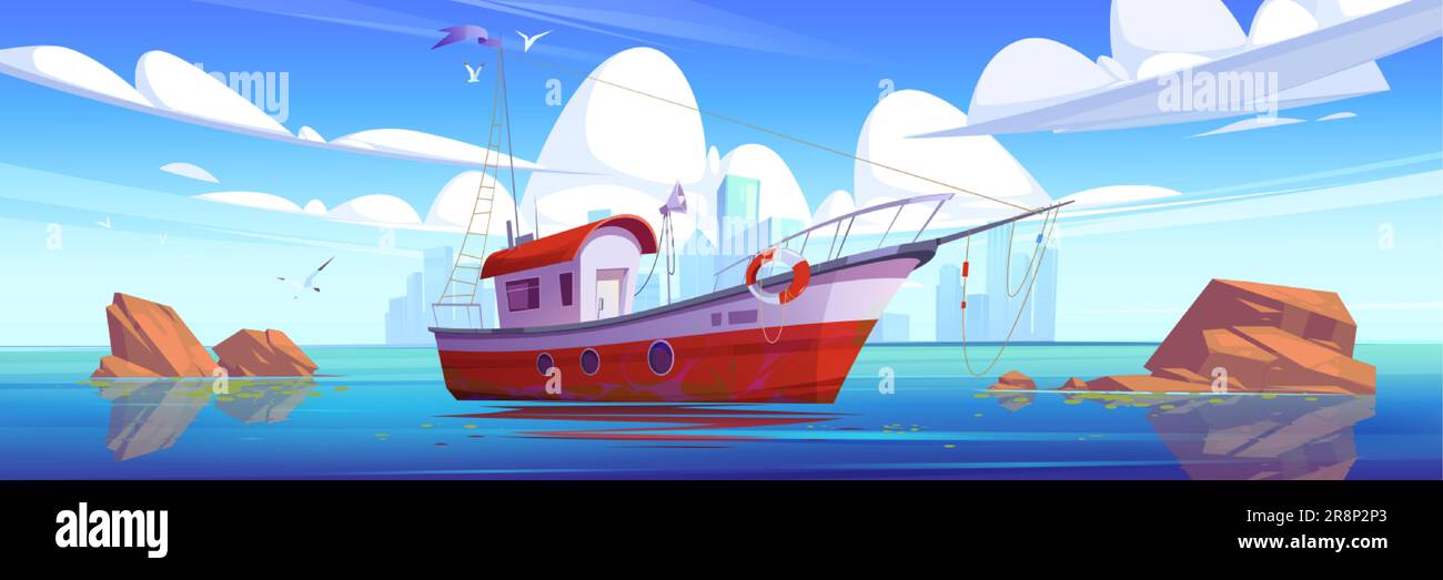 Fish boat in sea water cartoon illustration background. Vessel in ocean ...