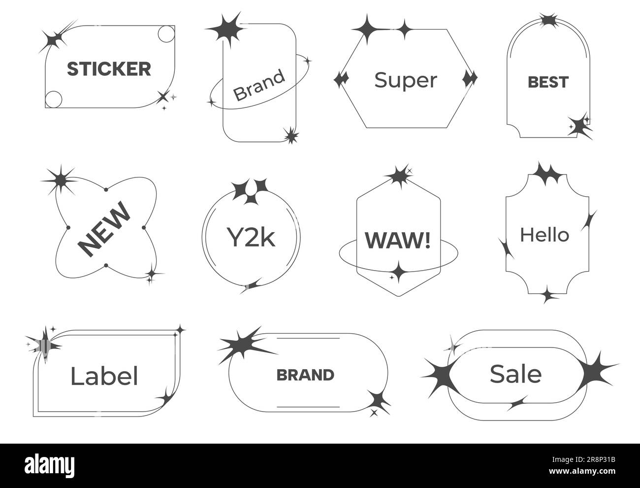 Y2k line labels. Outline linear stickers with vintage retro 70s 80s style, minimalist trendy ...