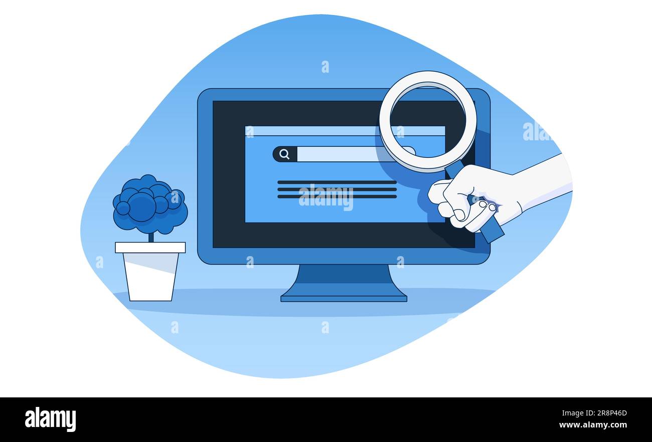 Hand holds a magnifying glass in front of a computer monitor. The ...