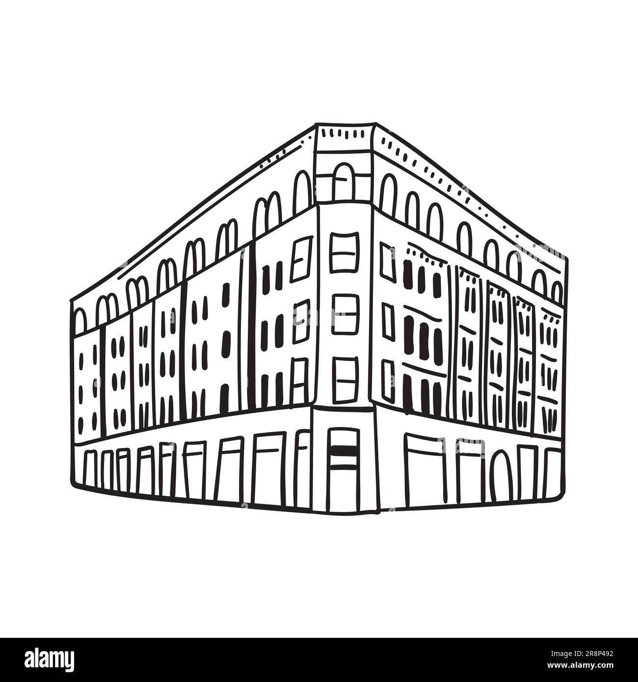 Doodle hand drawn sketch of modern high building with windows. Black ...