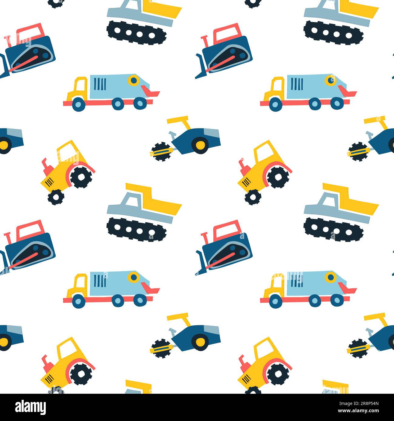 Seamless pattern with Hand drawn cute cars Truck, tractor, cargo crane ...