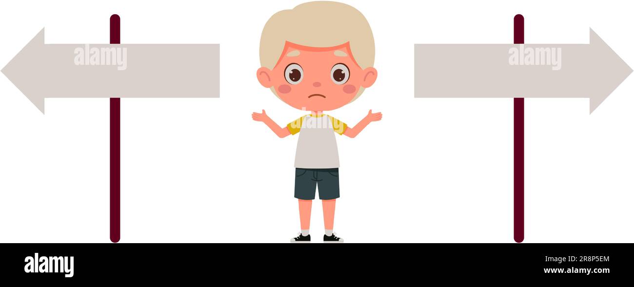 Cute little boy looking at road sign and decide the right way. Template ...