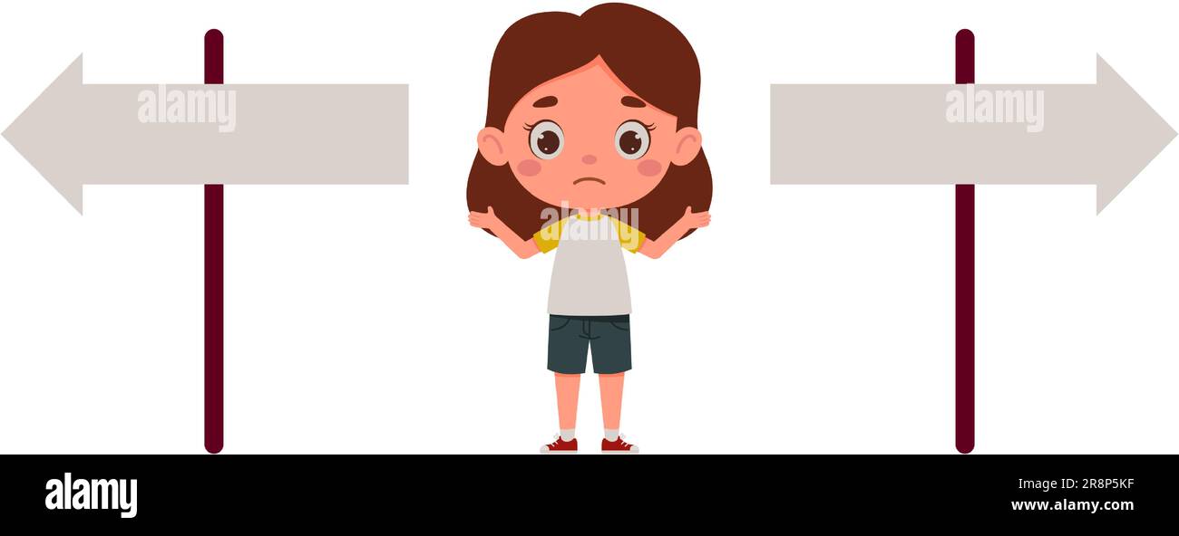 Cute little girl looking at road sign and decide the right way ...