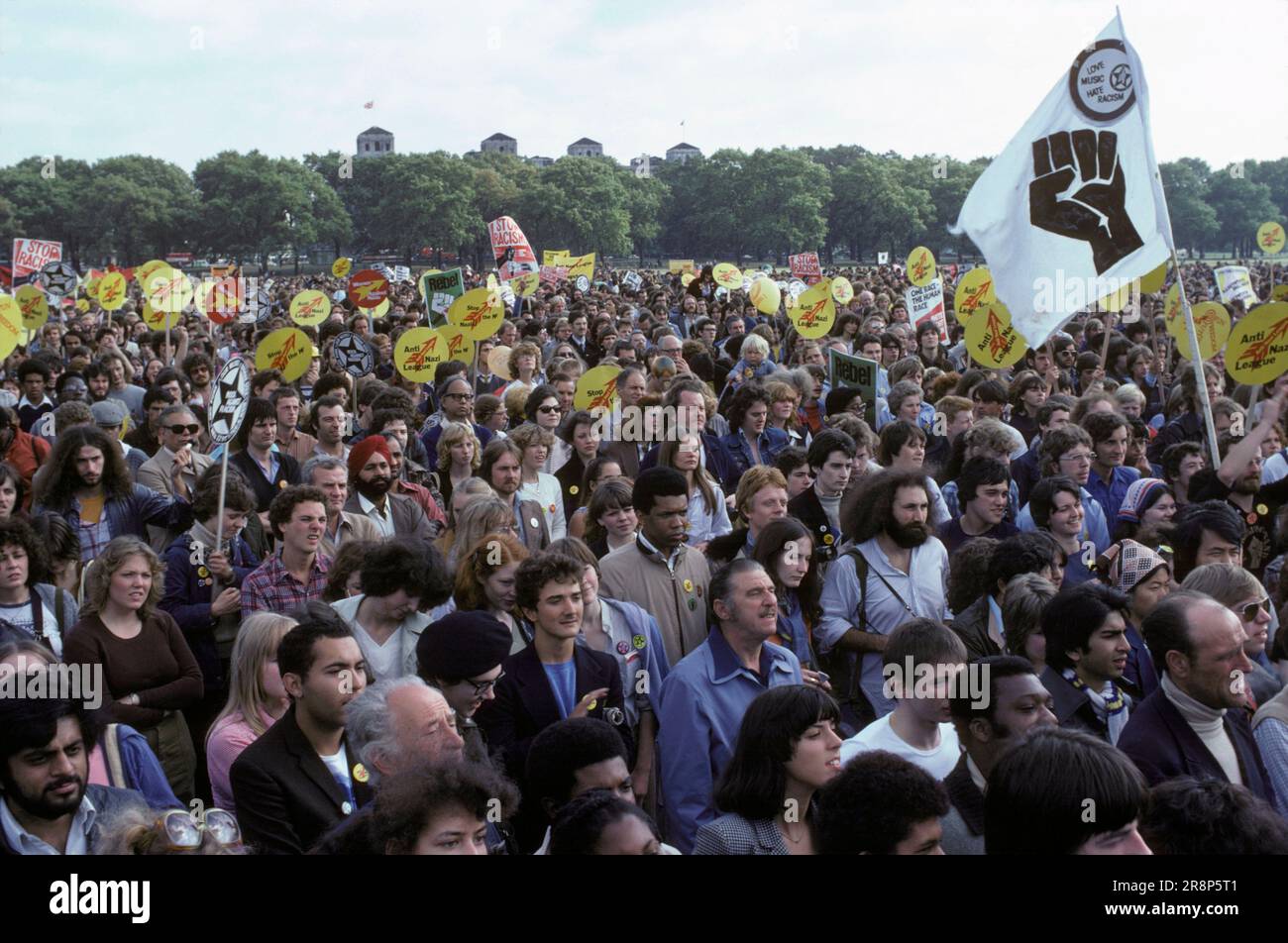 Rock Against Racism march and rally Hyde Park London 1978. Anti Nazi ...