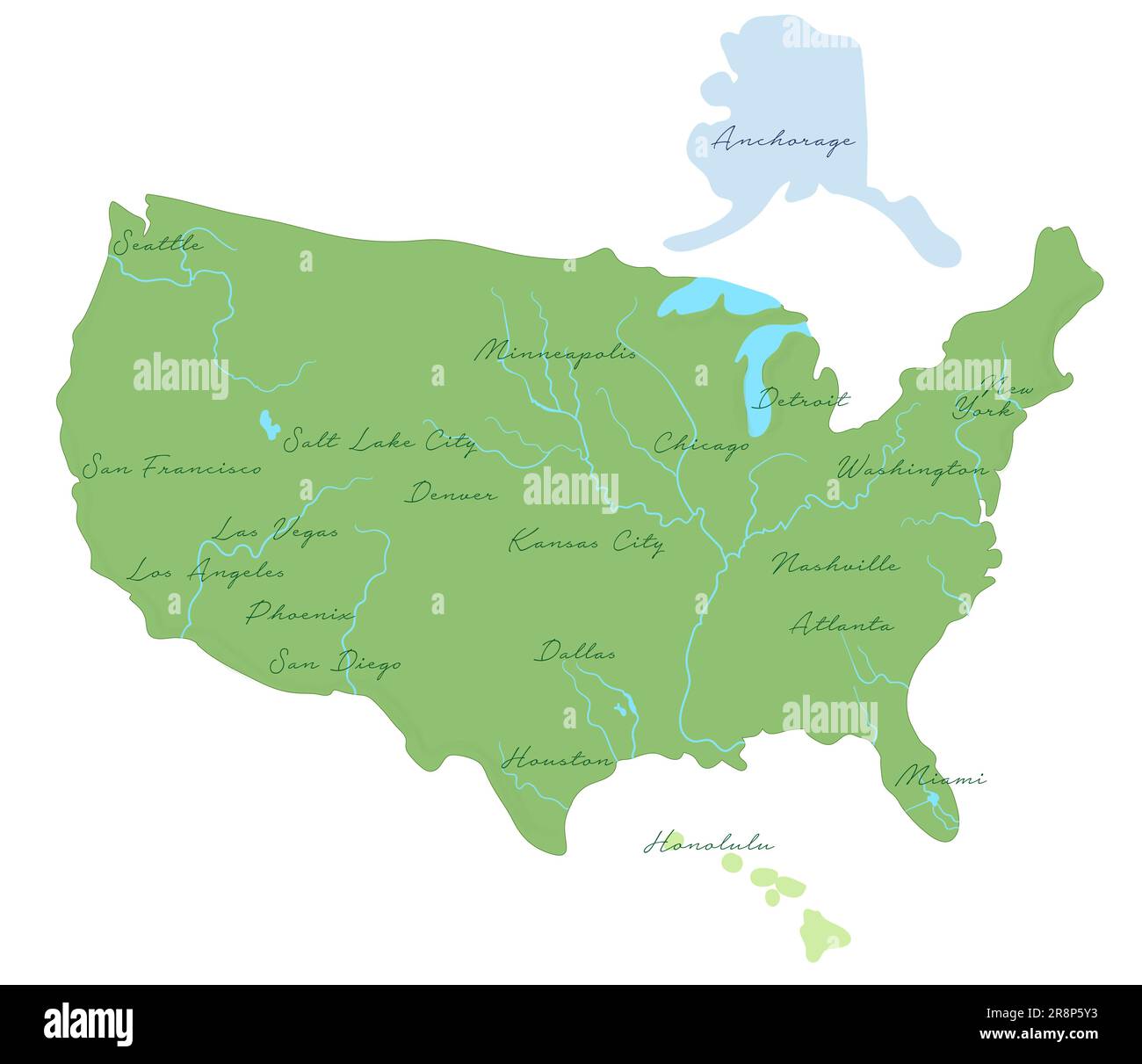 Cartoon flat map of USA. Travel illustration with lcities, rivers ...