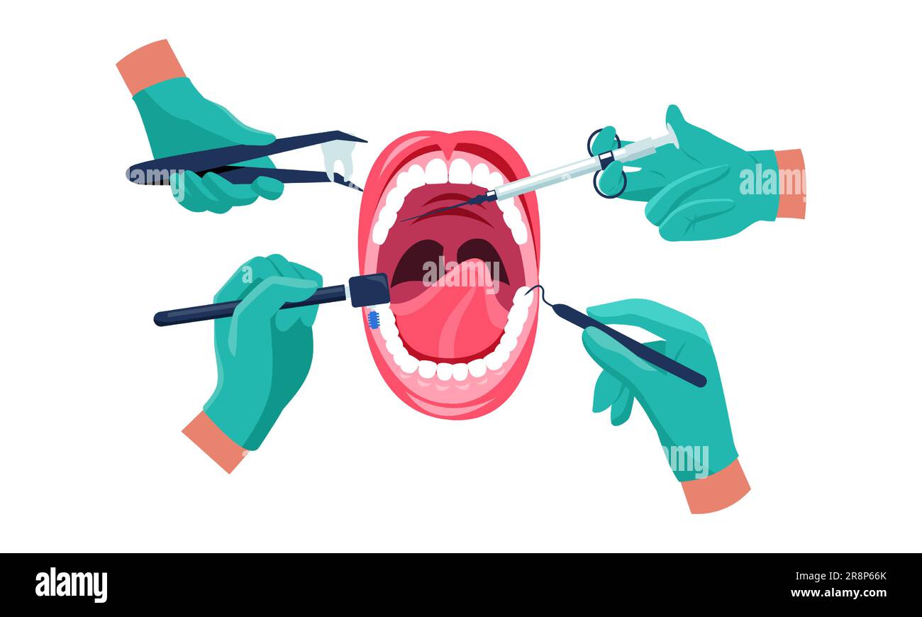 Dental treatment. Dentist hands in medical rubber gloves with ...