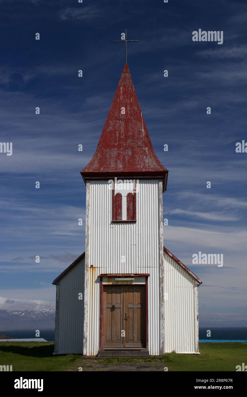 Red-roofed church in the ancient fishing village of Hellnar, situated ...