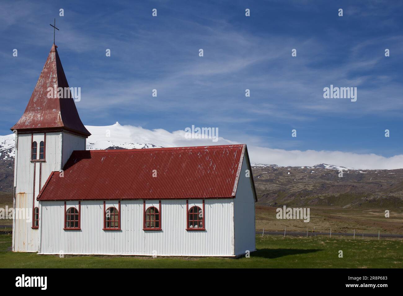 Red-roofed church in the ancient fishing village of Hellnar, situated ...