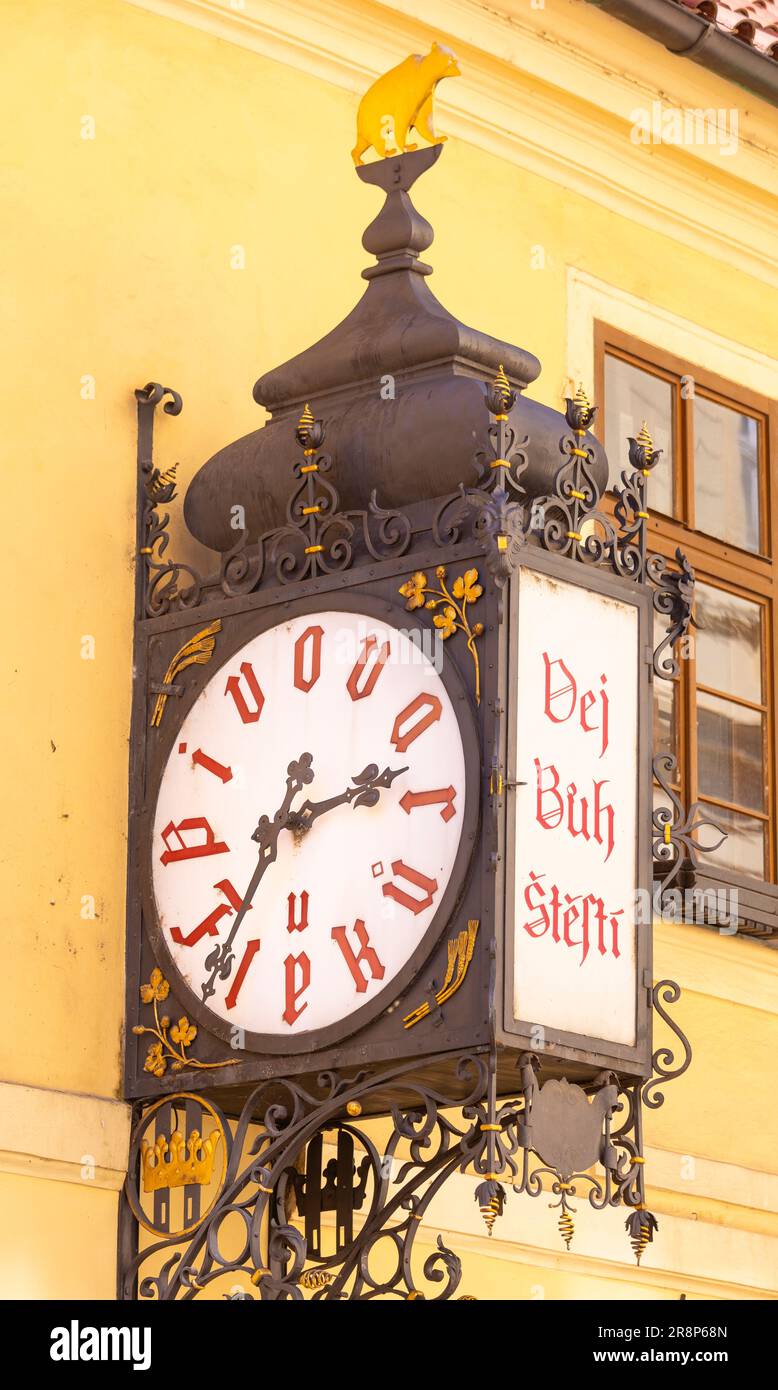 PRAGUE, CZECH REPUBLIC, EUROPE - U Fleku brewery and restaurant clock ...