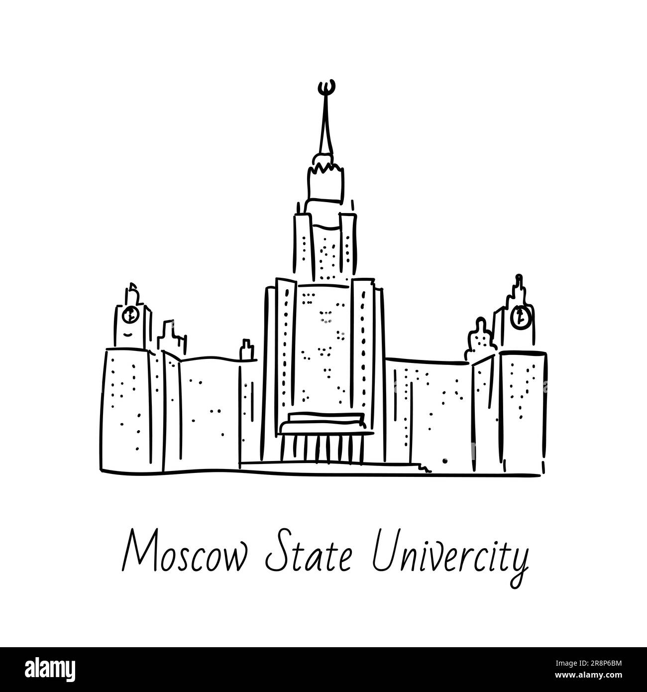 Hand drawn doodle sketch of Moscow landmarks. Lomonosov Moscow State ...
