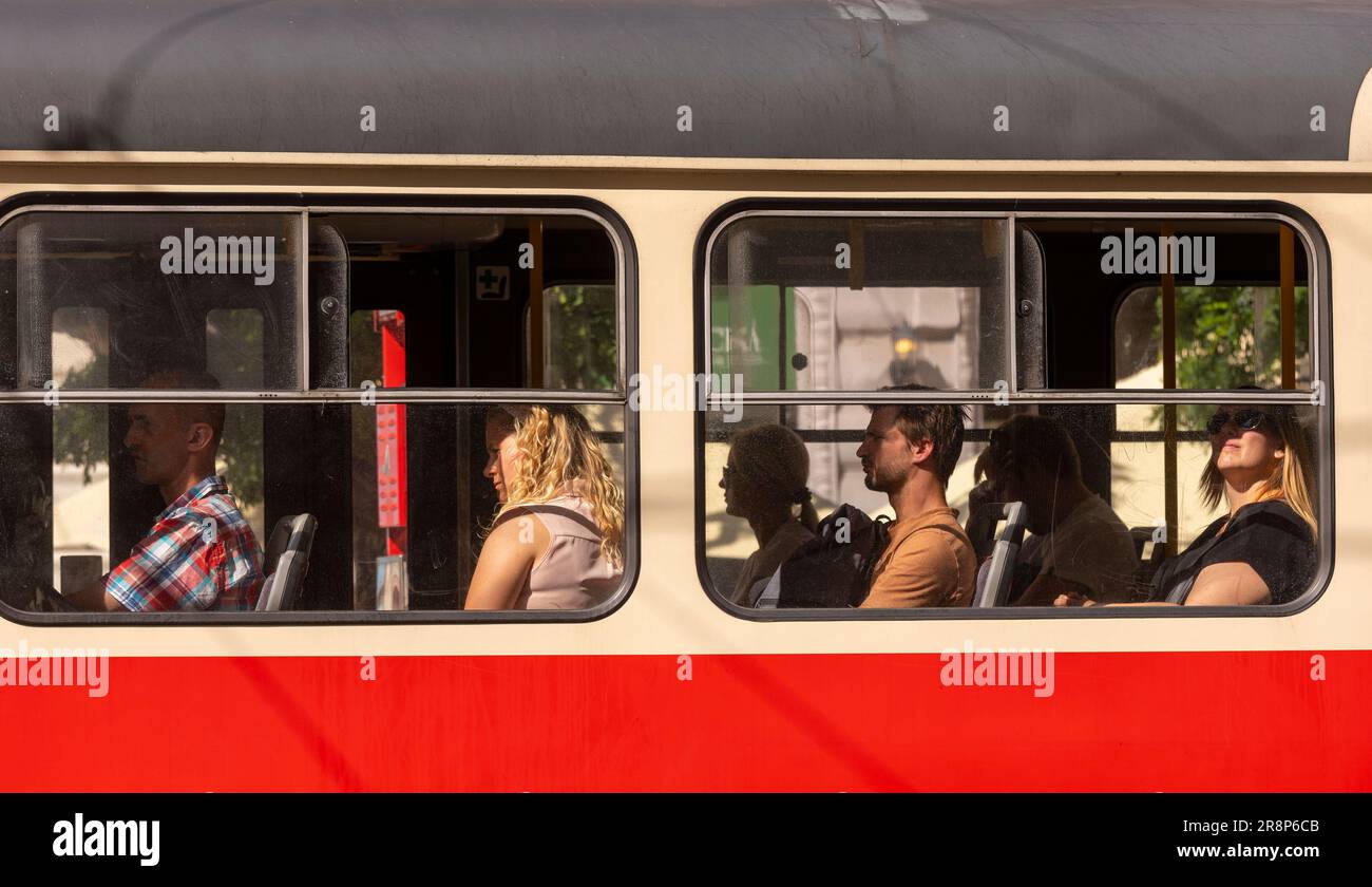 PRAGUE, CZECH REPUBLIC, EUROPE - Tram window and passengers Stock Photo ...