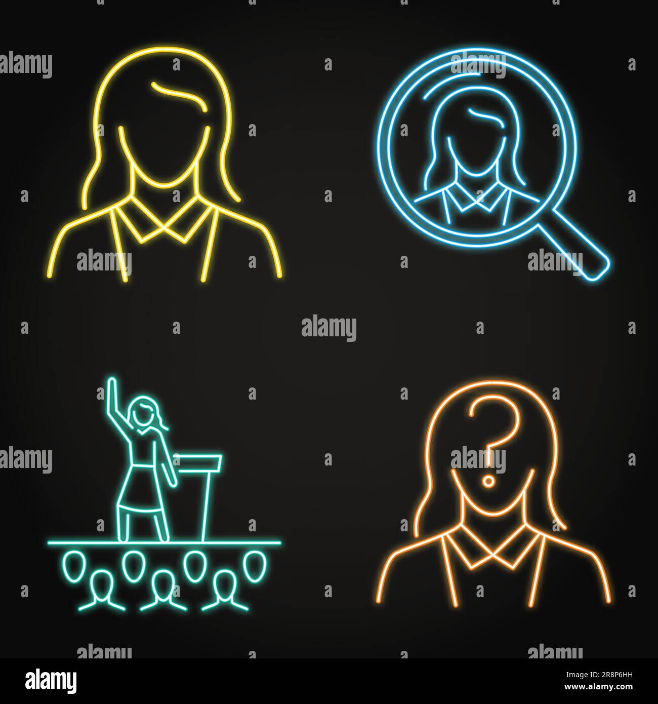 Female political candidates neon icon set. Woman public speaker ...