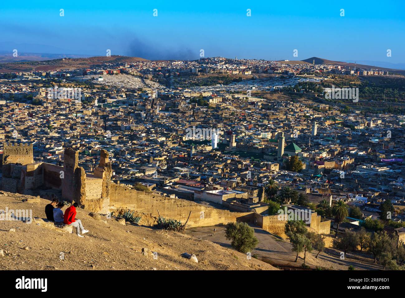 Morocco. Fez. View fron the hill above the old medina in Fez at dusk ...
