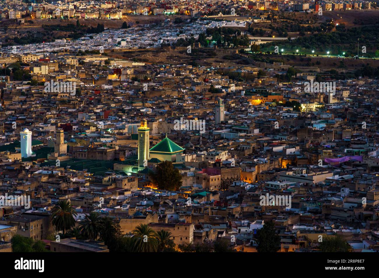 Morocco. Fez. View from the hill above the old medina in Fez at night ...