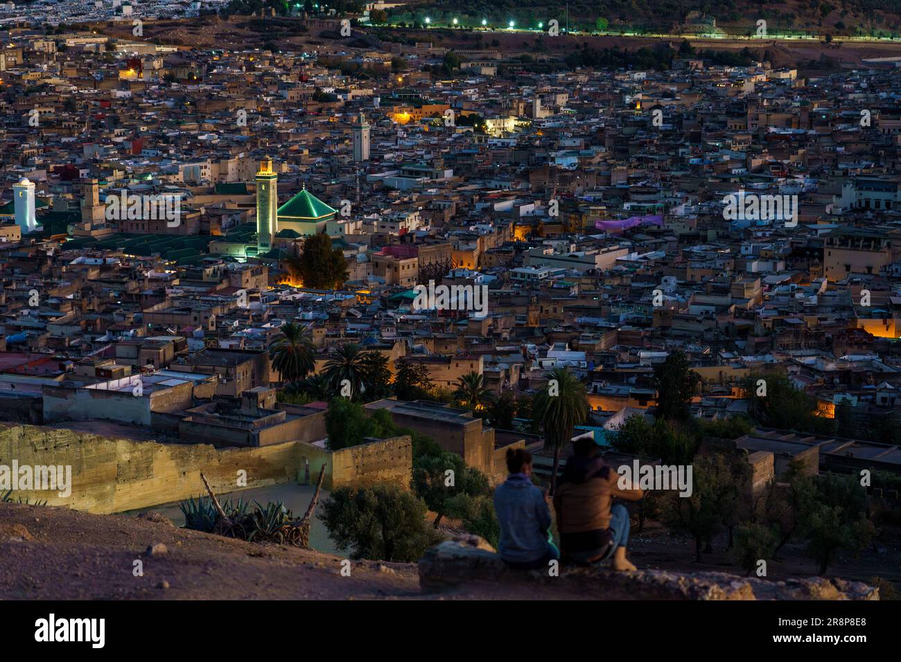 Morocco. Fez. View from the hill above the old medina in Fez at night ...