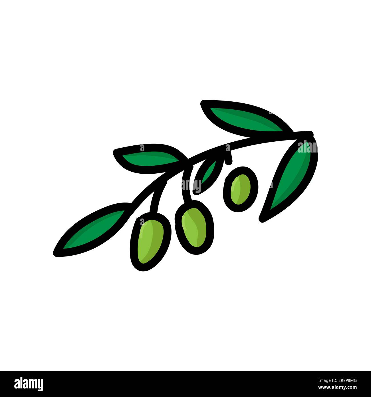 Hand drawn doodle olive branch. Green olives with shadow and flare and ...
