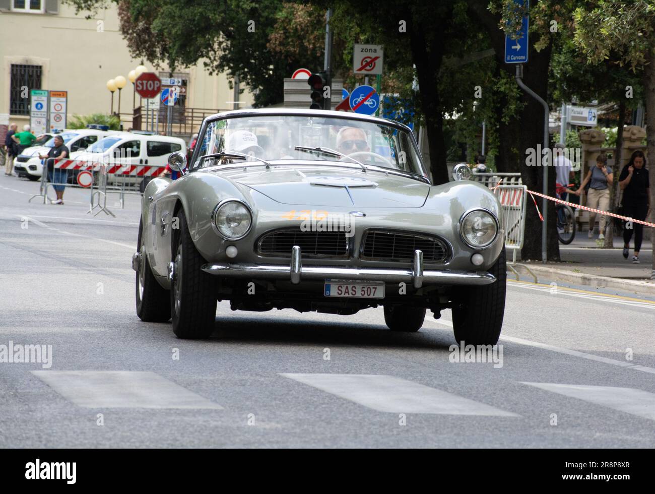 Pesaro , ITALY - jun 14 - 2023 : B.M.W. 507 1957 on an old racing car ...