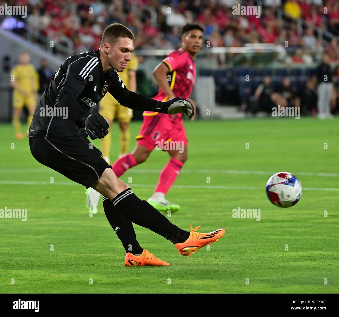 Real Salt Lake goalkeeper Gavin Beavers (35) sends the ball downfield ...