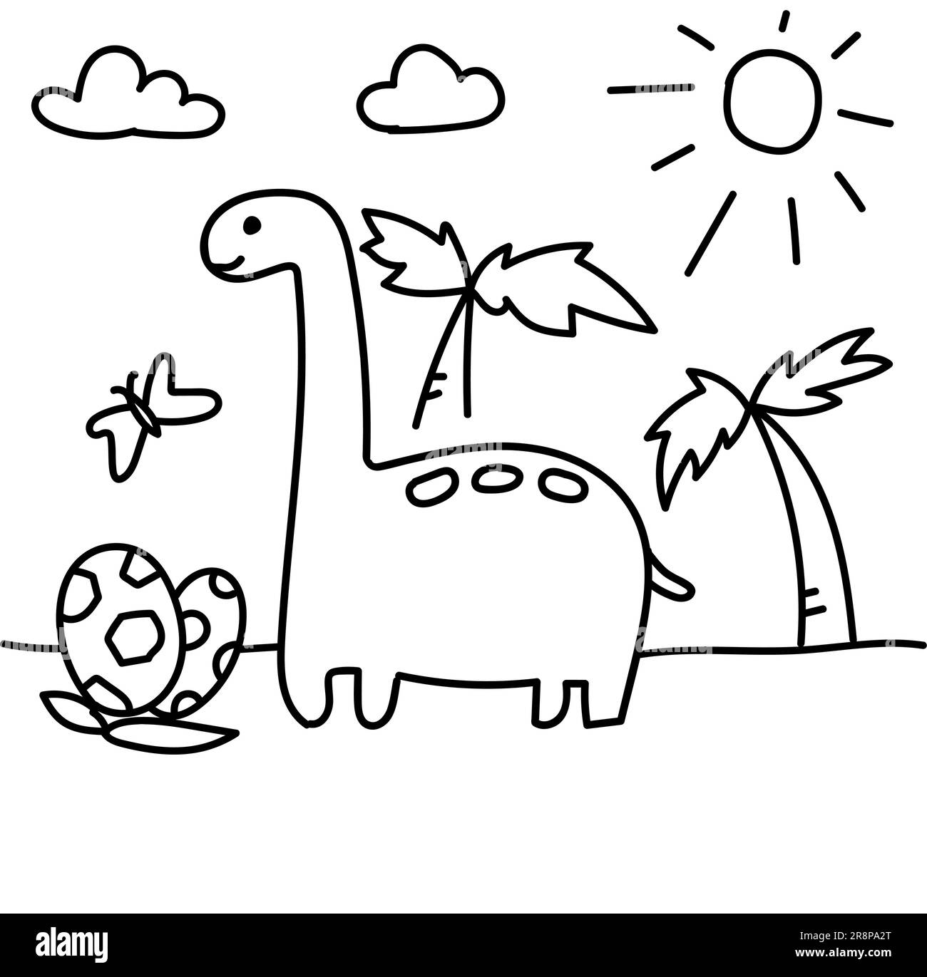 Hand drawn doodle dinosaur brontosaurus near with pal, clouds and dinos ...