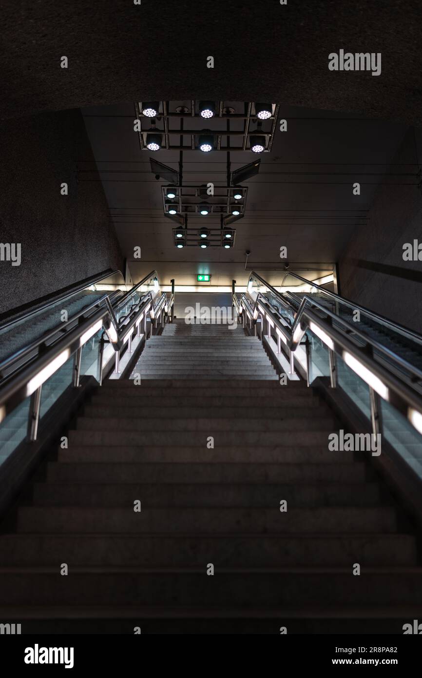 An illuminated staircase in an underground public transit station Stock ...