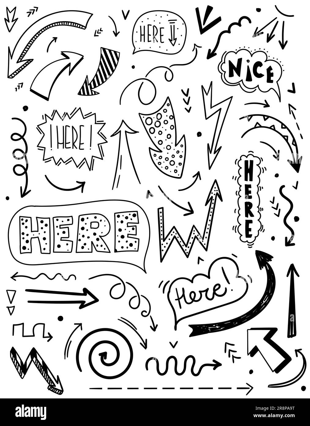 Doodle set of speech bubbles and arrows in comic hand drawn style ...