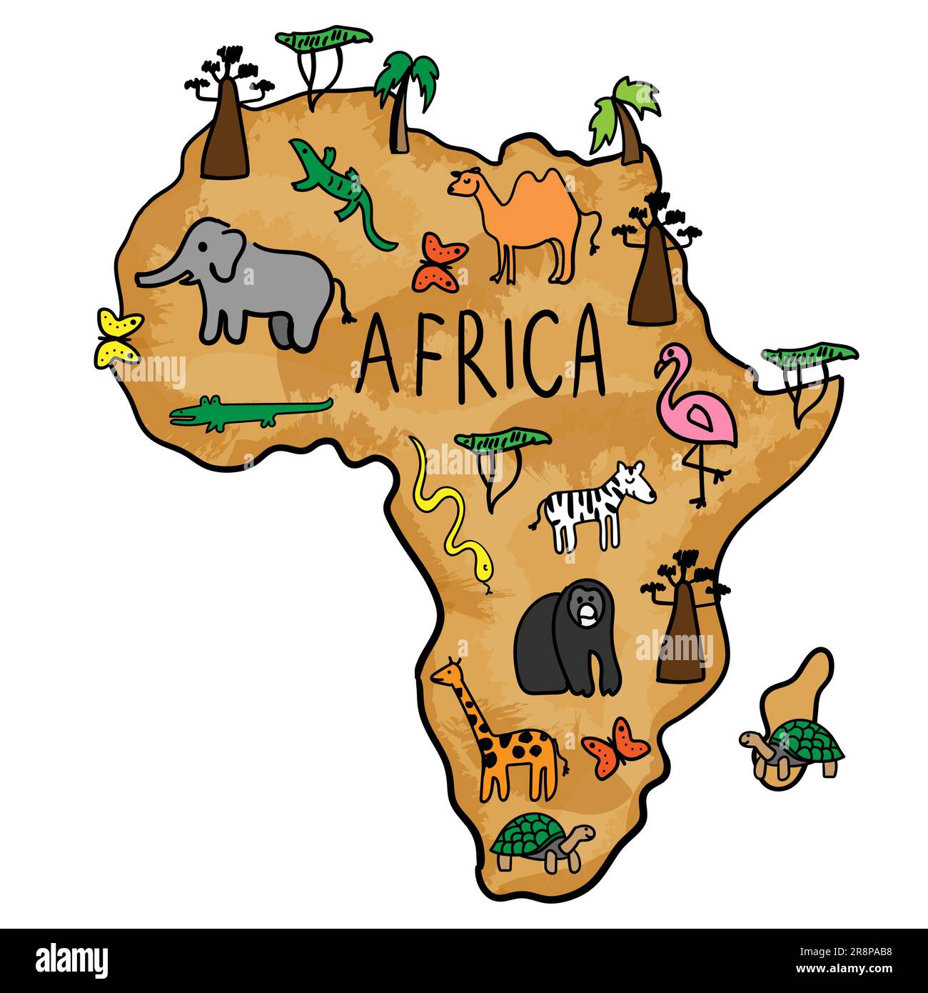 Hand drawn doodle map of Africa. National trees and animals. baobab ...