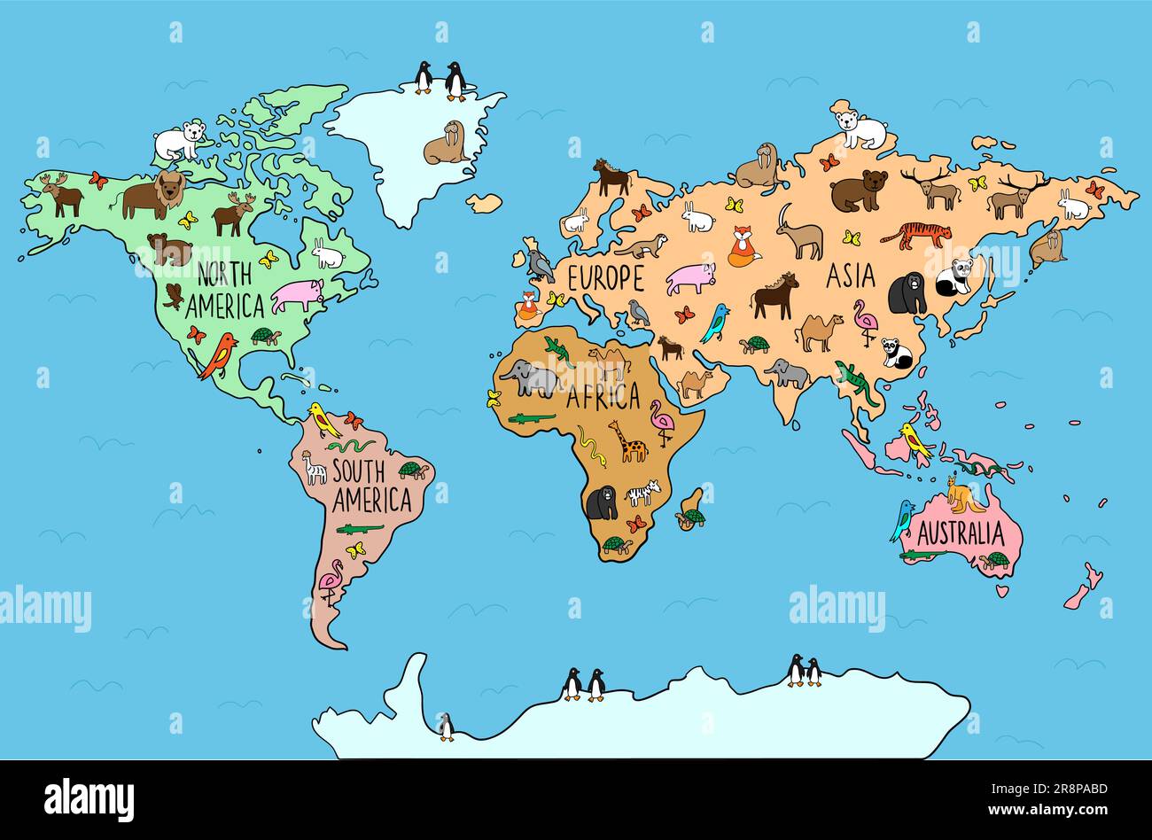 Colored Hand drawn doodle map with endemic animals. European typical ...