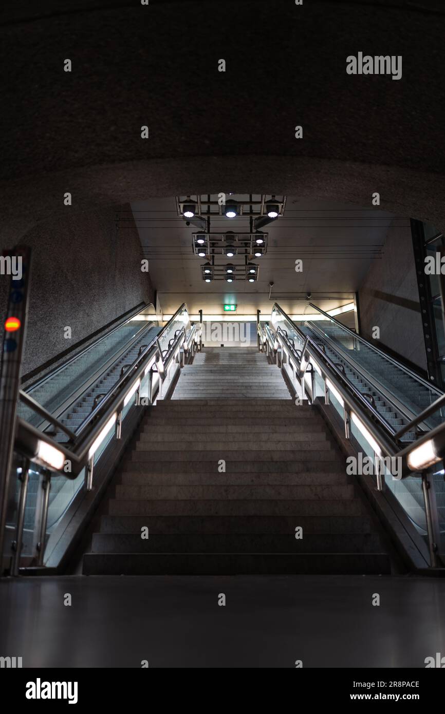 An illuminated staircase in an underground public transit station Stock ...