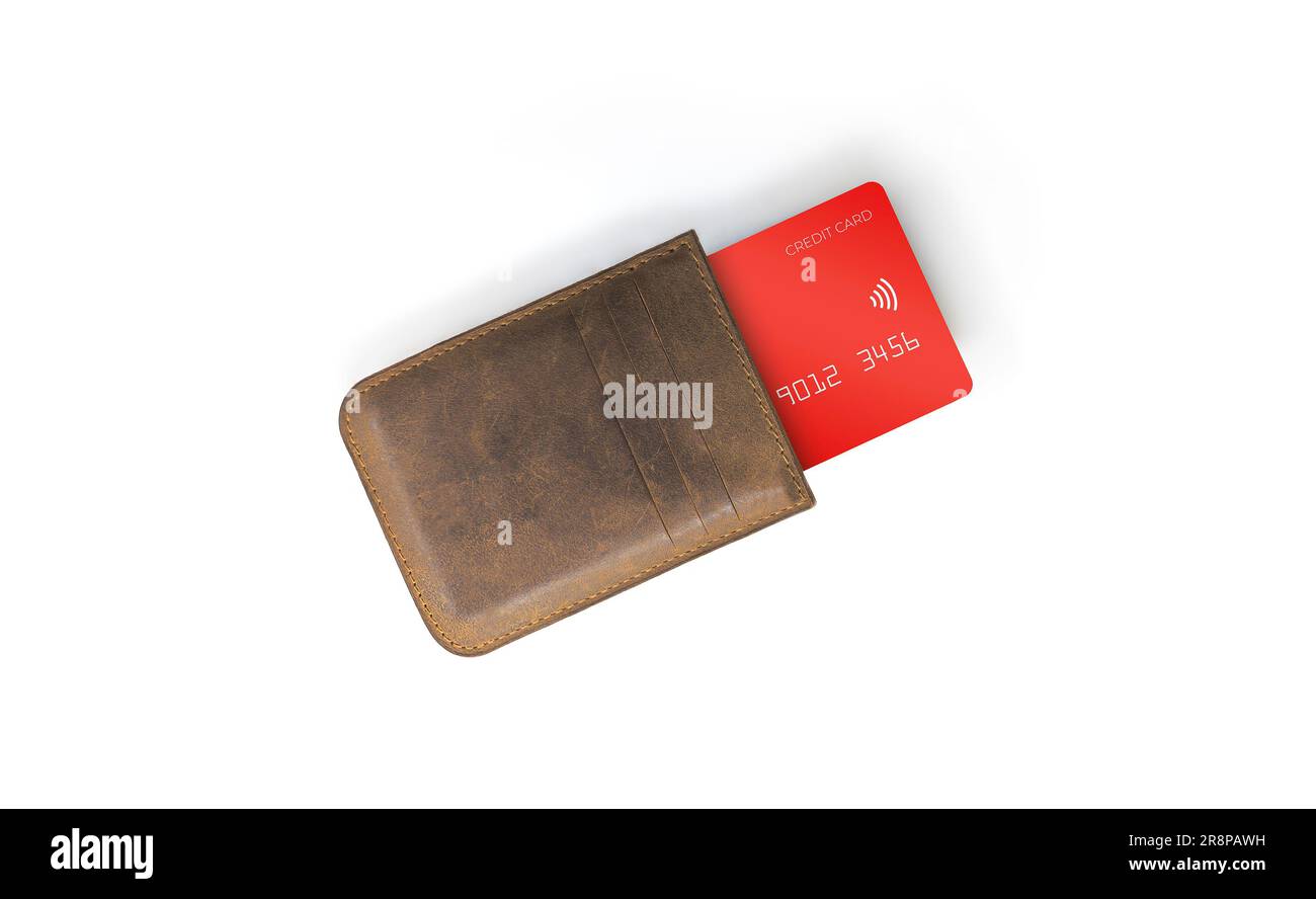 red credit card in compact leather wallet isolated on white background ...