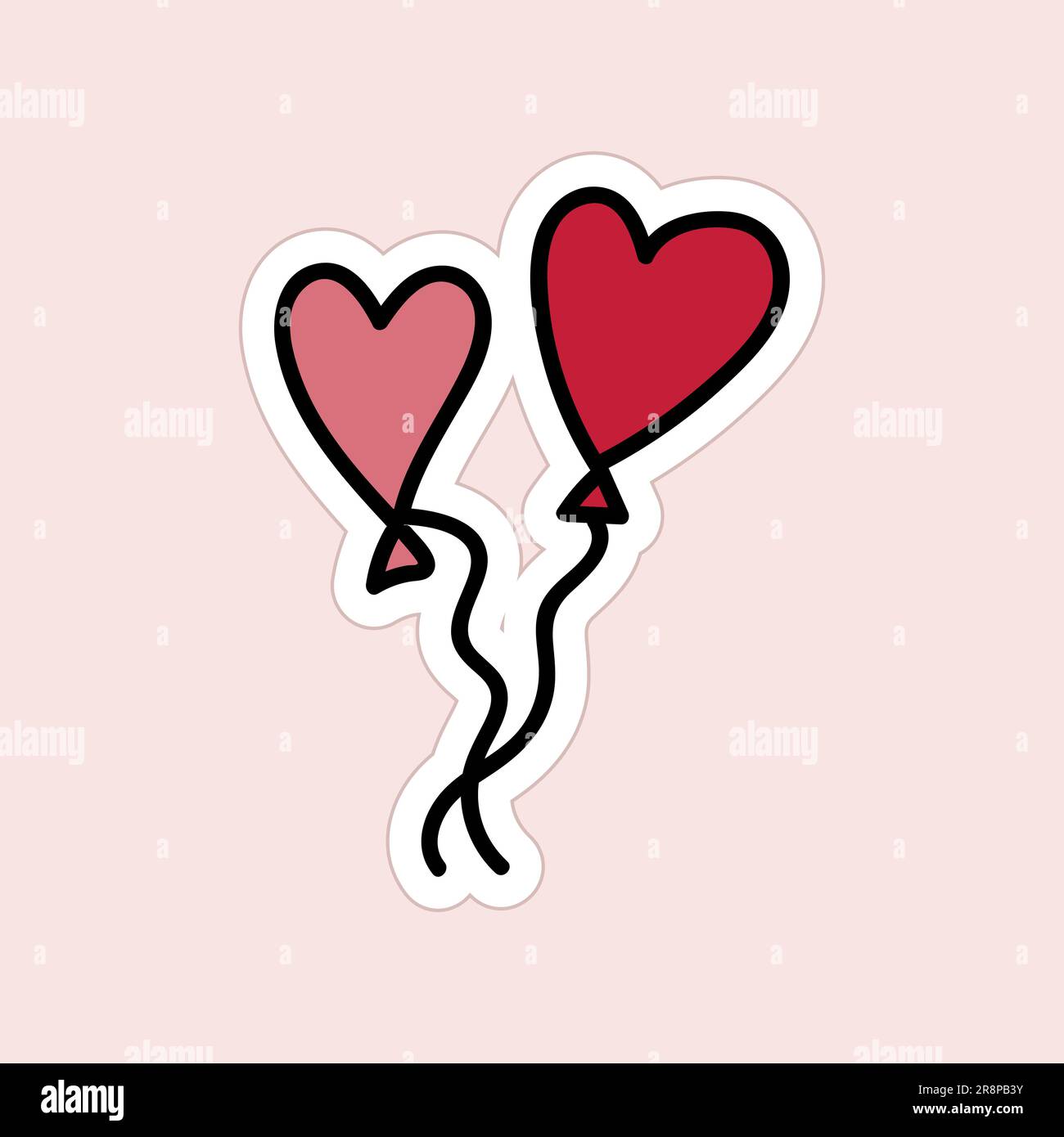 Hand drawn sticker for Valentine's day. Two heart shaped balloons with ...