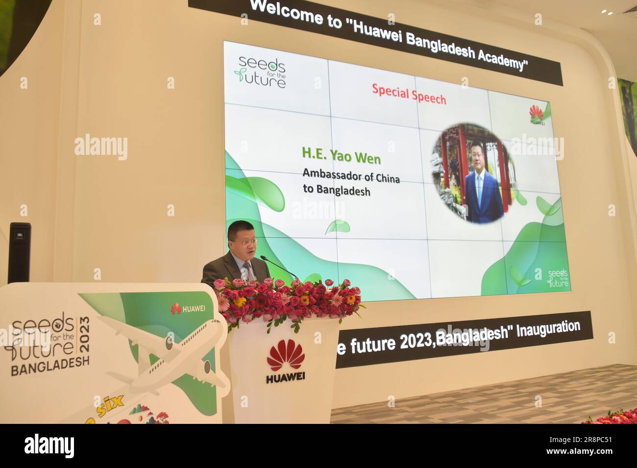 Dhaka. 22nd June, 2023. Chinese Ambassador to Bangladesh Yao Wen speaks ...