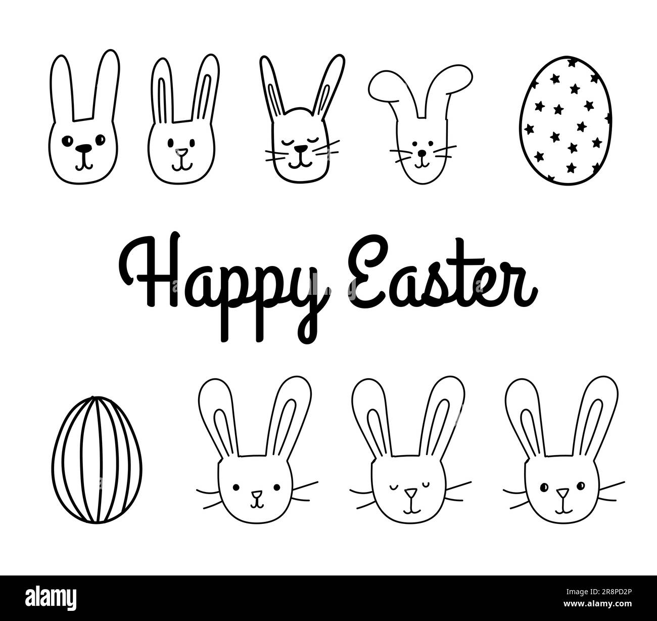 Hand drawn Easter bunnies doodle set. Eggs with ornament holidays ...