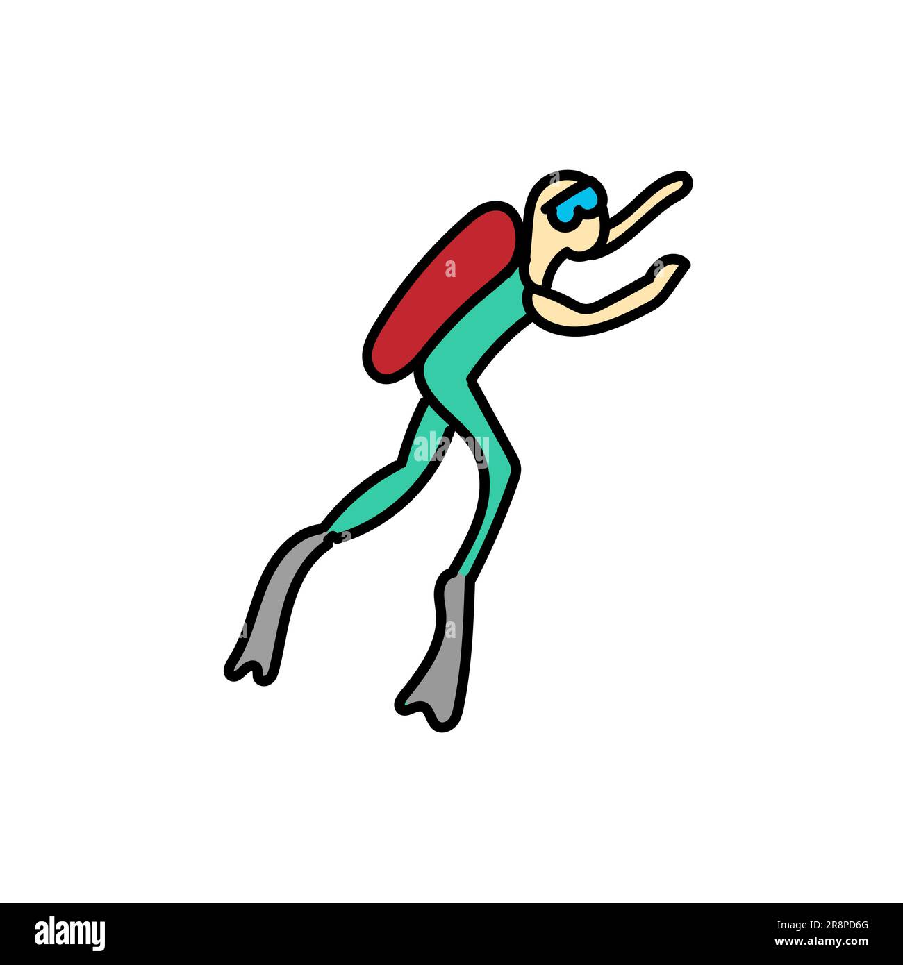 Hand drawn doodle diver with air baloon face mask and fins. Marine ...