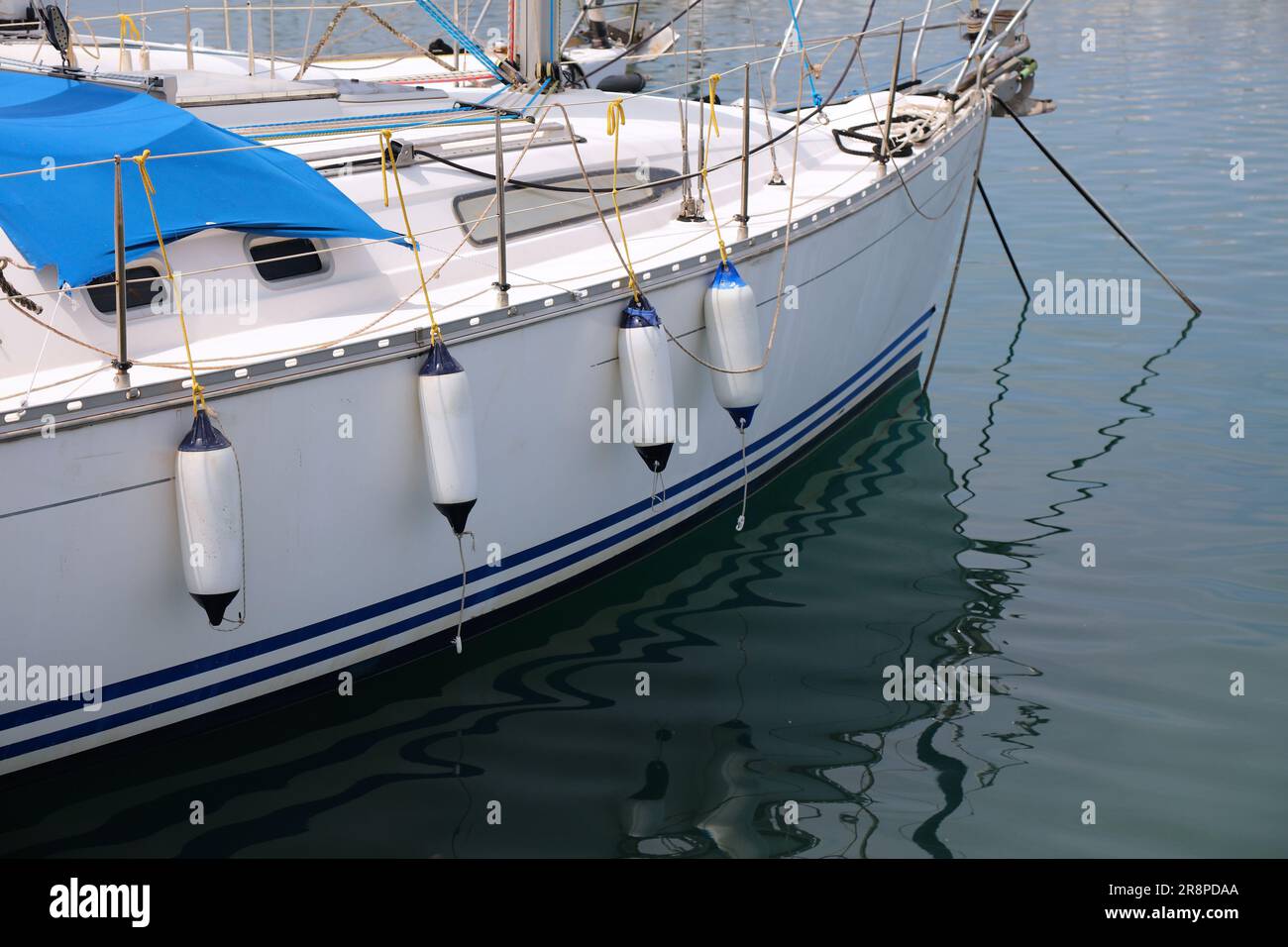 Sailing in Sardinia, Italy. Sailing yacht fenders on starboard side ...