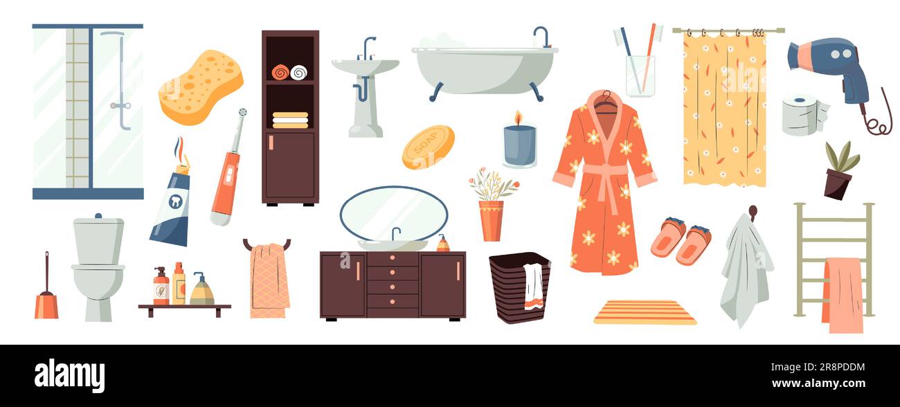 Bathrooom elements collection. Cartoon bathroom equipment and toilet ...