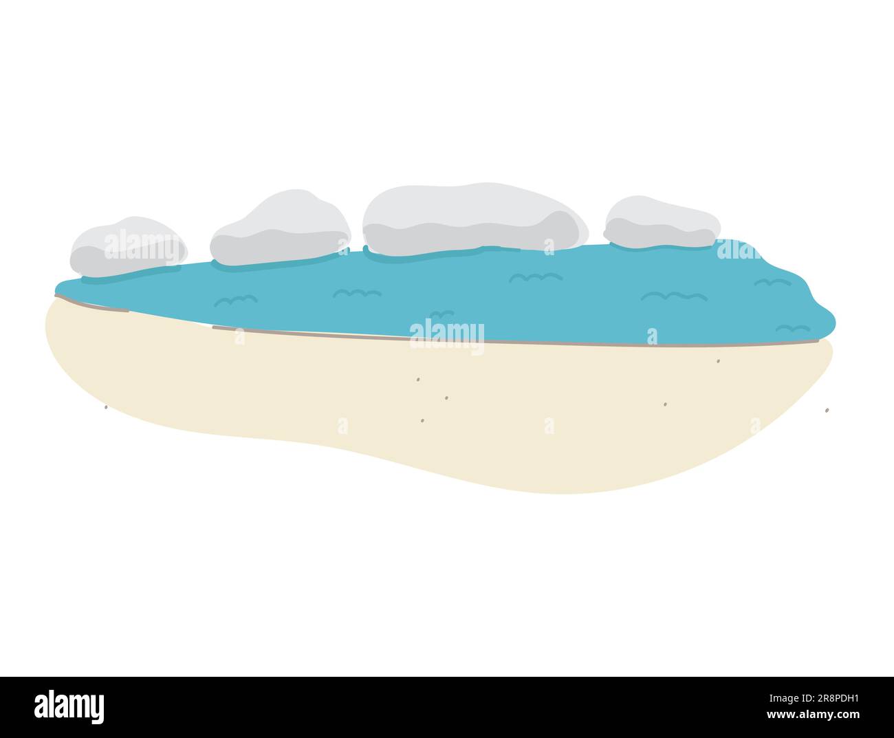 Simple hand drawn seashore with yellow sand and gray rocks is behind it ...