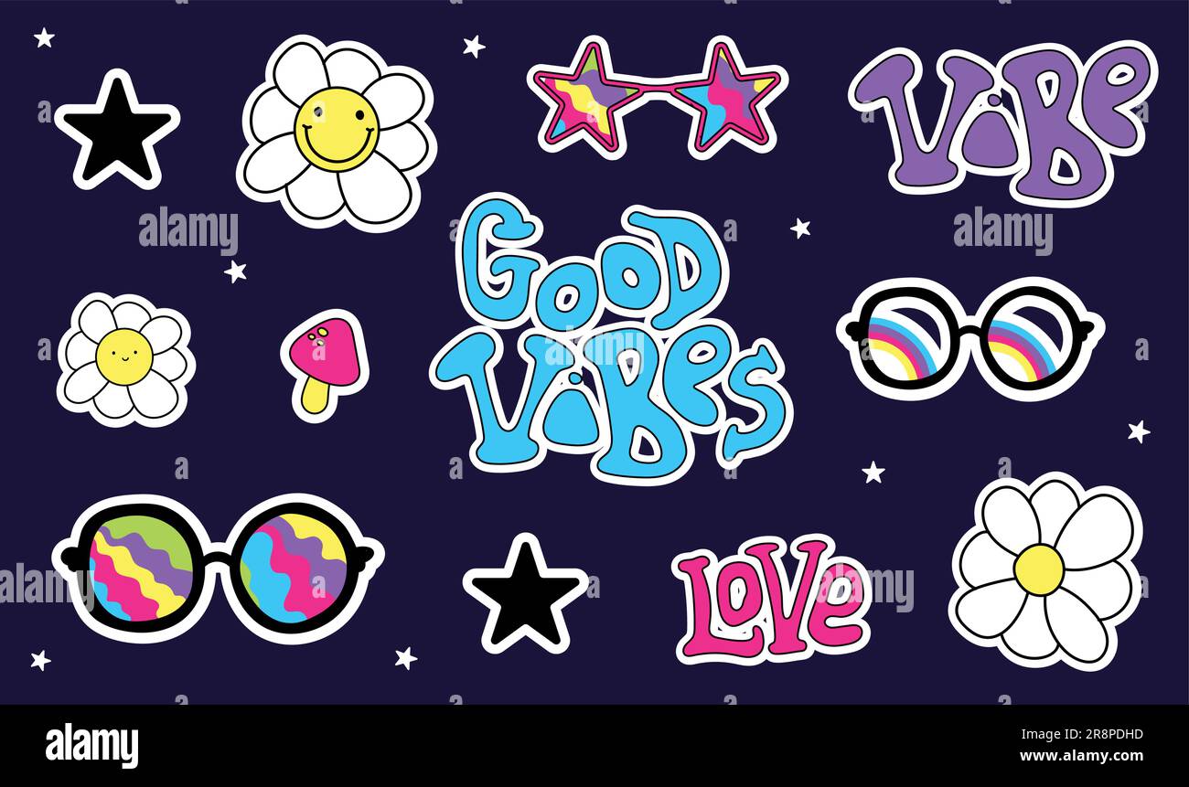 Pop Art Sticker Pack. y2k elements with white edges on dark blue ...