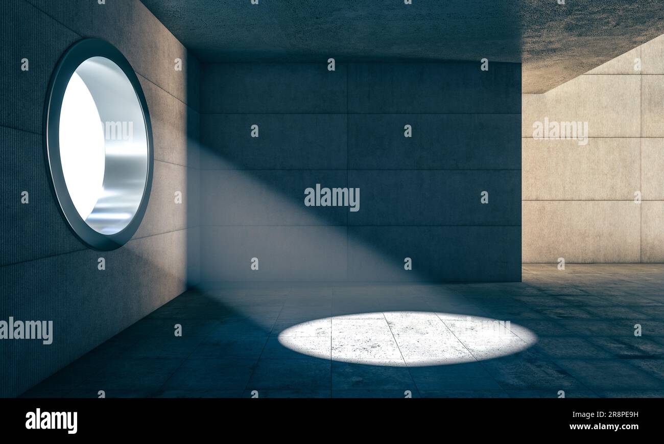 3D render of a modern interior with circular window Stock Photo - Alamy