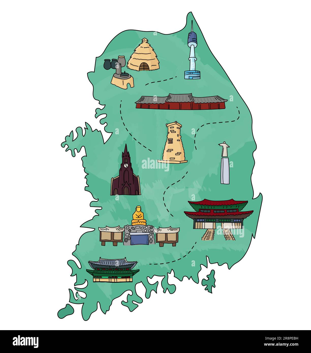 South Korea outline doodle illustrated map. famous Korean landmarks ...