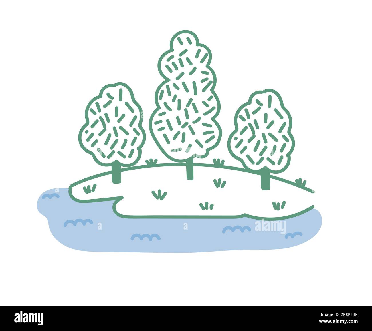 Hand drawn doodle park landscape eith green trees and small blue lake ...