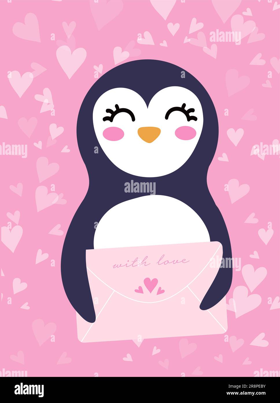 Valentines day card with cute funny penguin holds love letter with ...