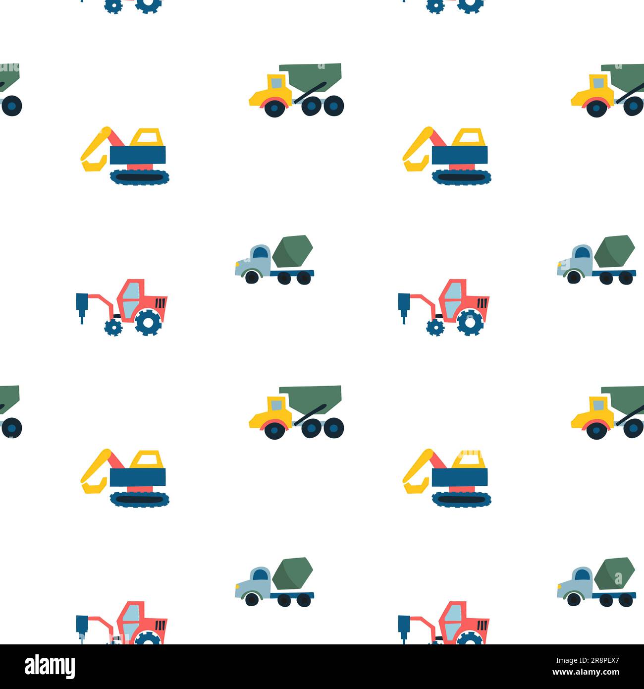Seamless pattern with Hand drawn cute cars Truck, tractor, cargo crane ...