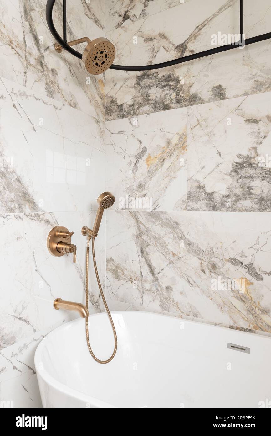 A beautiful shower detail with a freestanding tub, gold faucet and ...