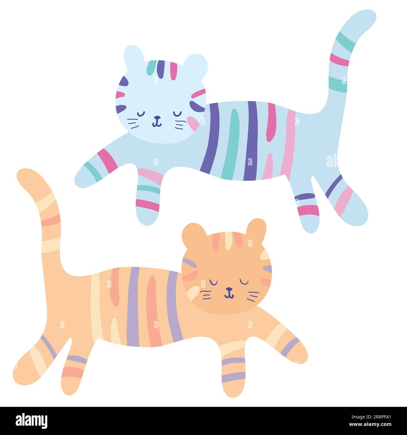Hand drawn cute cats with pastel colors. Blue, yellow, orange pale ...