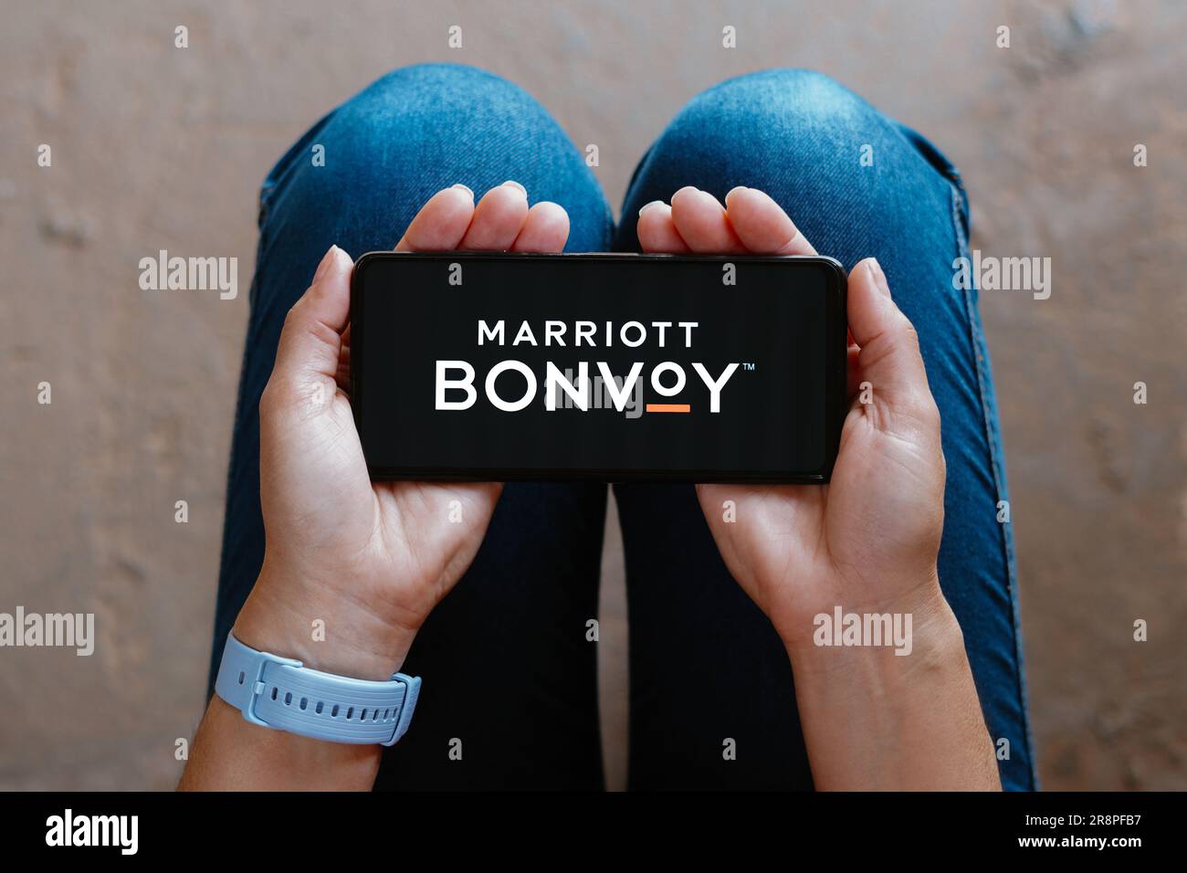 In this photo illustration, the Marriott Bonvoy logo is displayed on a ...
