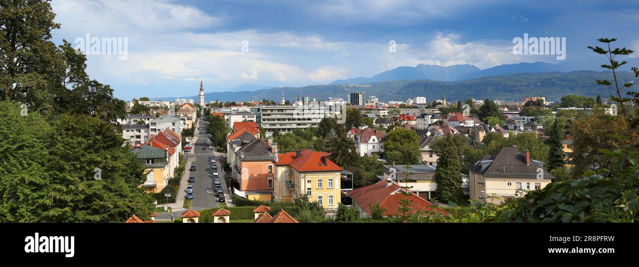 Klagenfurt cityscape panorama in Austria. Karawanks Alps range in ...