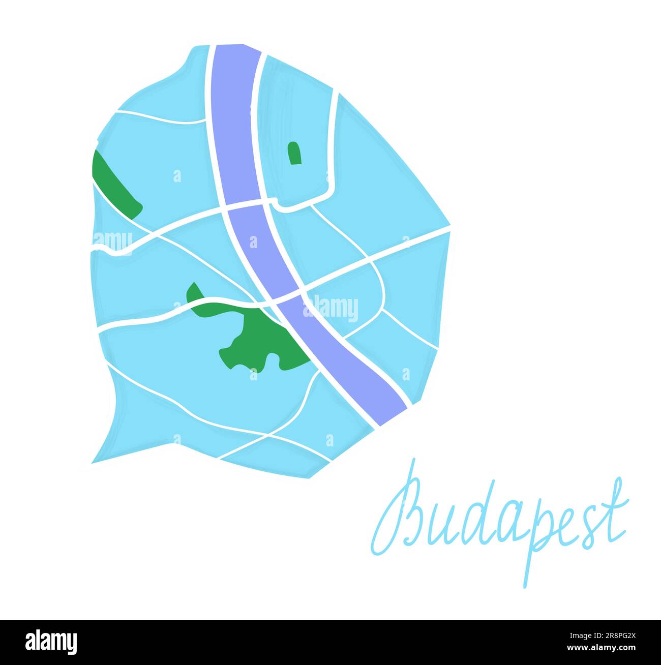 Cartoon colored flat map of the center of Budapest. the land is blue ...