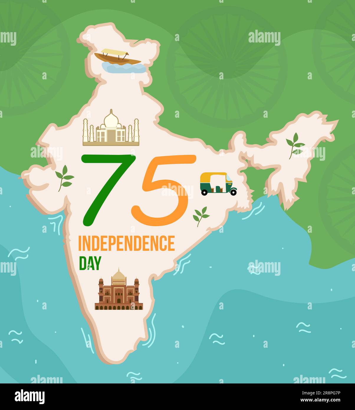 75 year Happy independence day India. Colored illustrated map with ...