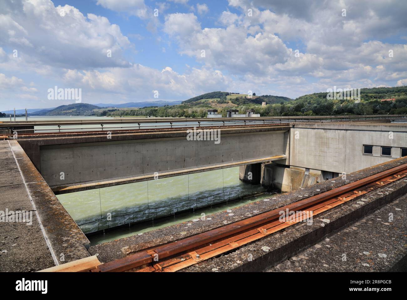 Austria hydro electricity generation. Water power plant on river Danube ...
