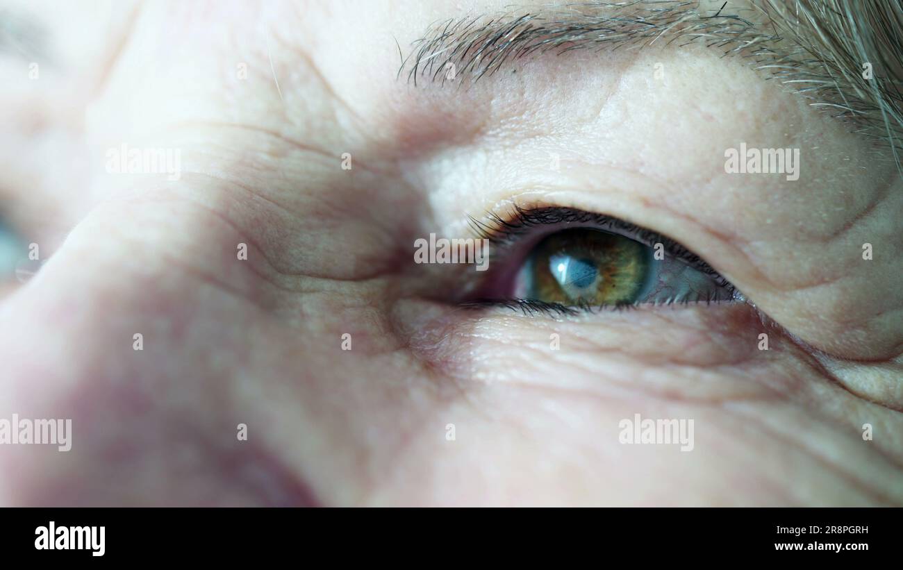 Senior person wrinkled eye. Wise older female person close-up eyes in ...